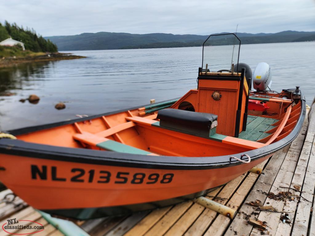 Dory with center console. - Sops Arm, White Bay, Newfoundland Labrador ...